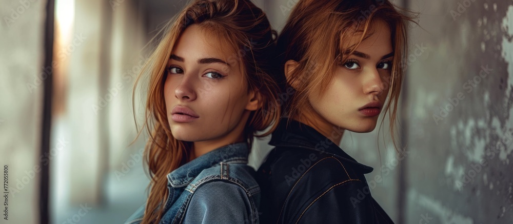 Twin models in denim against urban backdrop - A stylish duo of female ...