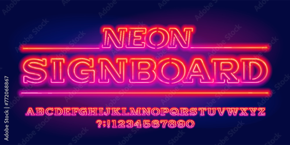 Vecteur Stock Neon Signboard alphabet font. Neon color letters and ...