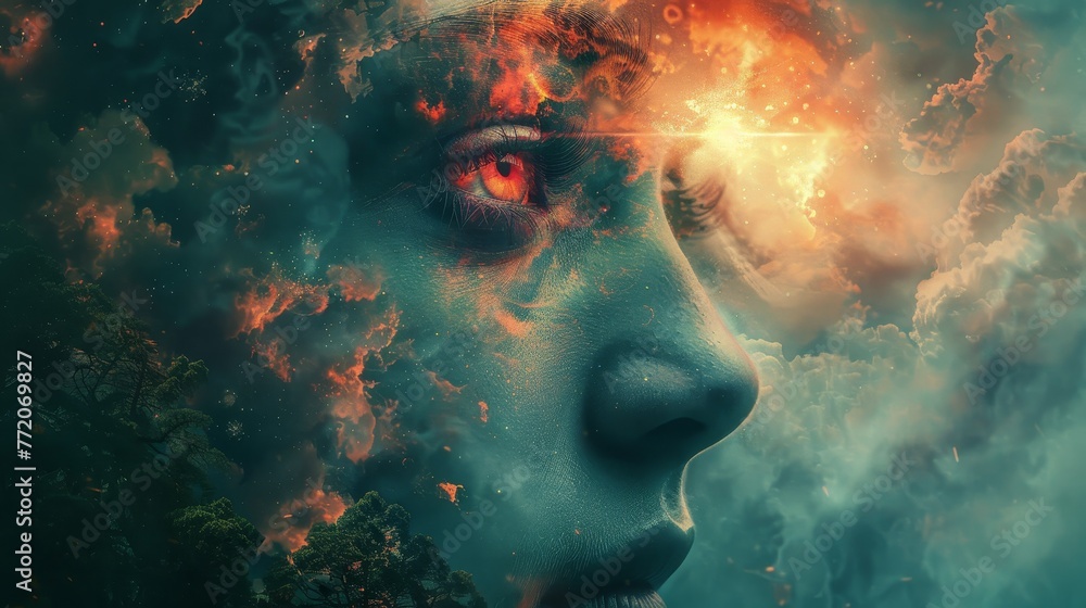 A woman's face is shown in a distorted, surreal way, with a fiery eye ...
