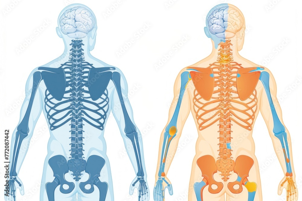 Detailed blue and orange human skeleton anatomy, back view with major ...