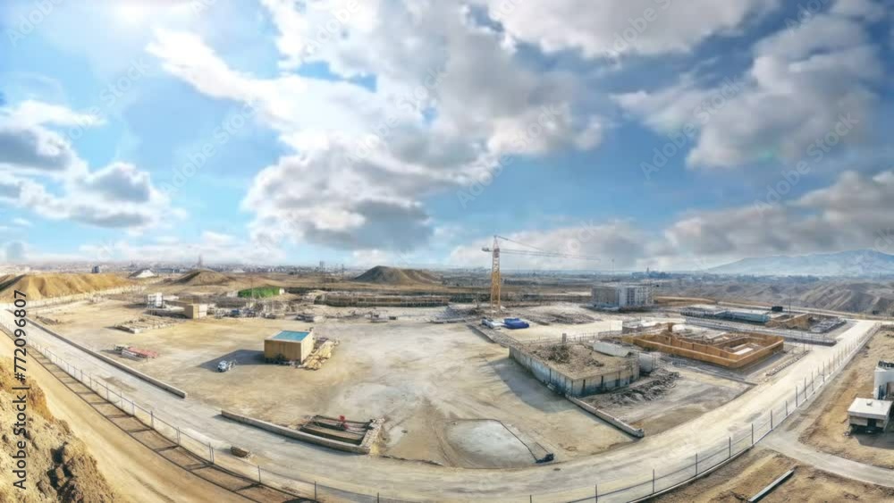 Truck crane at construction site. Details of construction site with crane lifting prefabricated ...