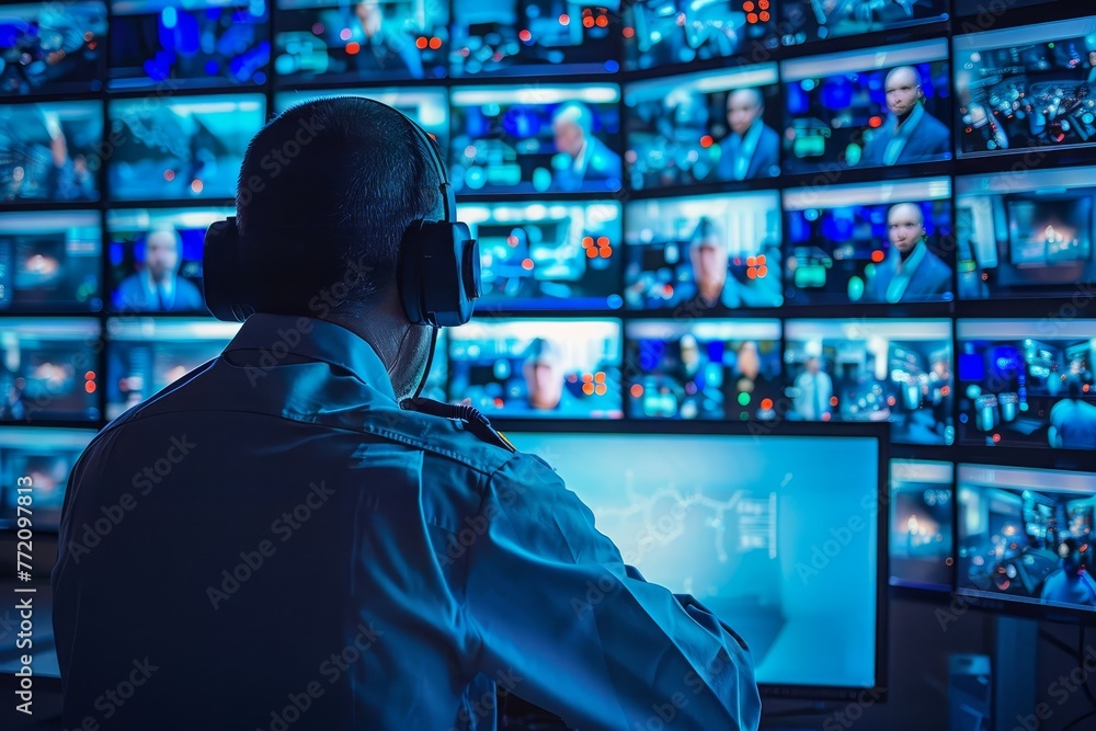 Security guard monitoring video surveillance system. Safeguard watching ...