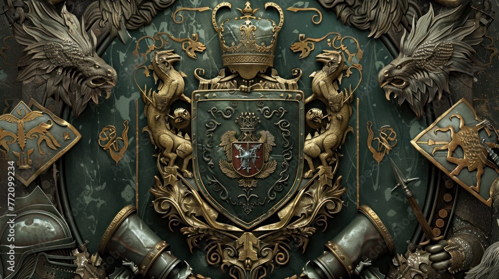 An ornate medieval coat of arms flanked by armored knights, lions, and ...