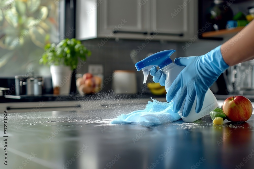 Sanitizing kitchen table with disinfectant spray - hygiene and covid-19 ...