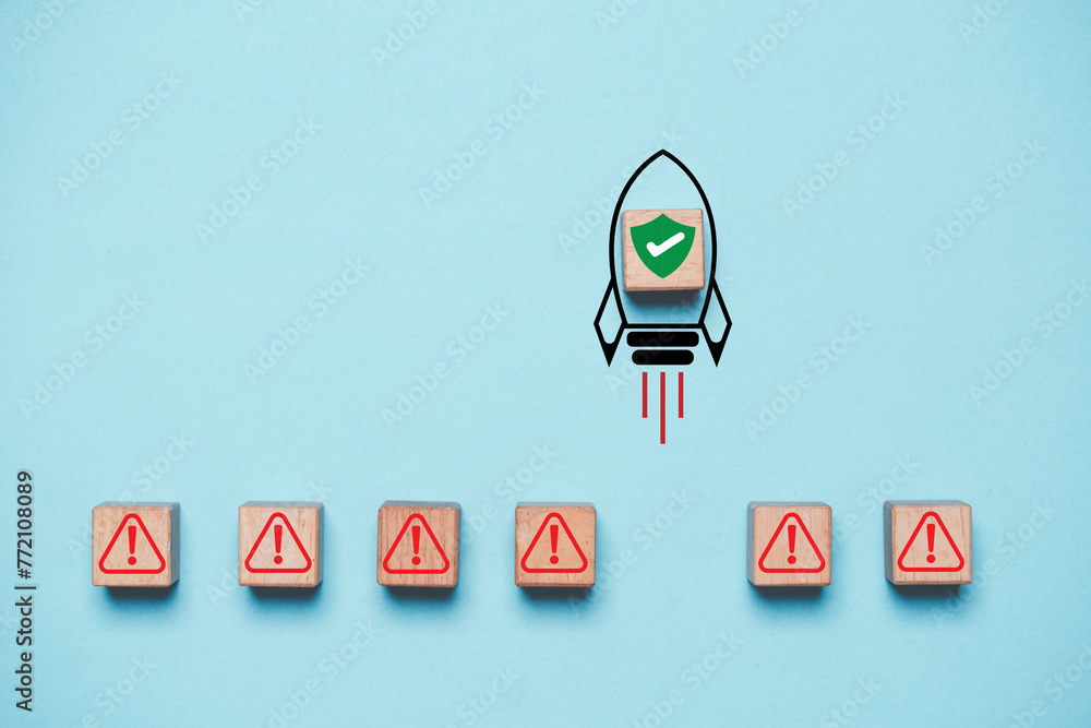 Green security safety check mark icon with rocket missile rising from ...