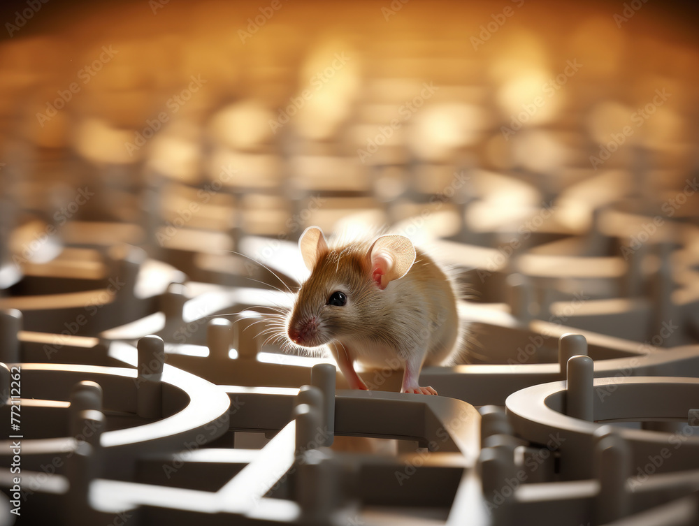 A small mouse is standing in a maze of metal poles. The maze is full of ...