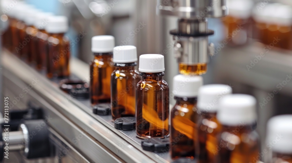 A pharmaceutical production line with amber glass bottles being filled ...