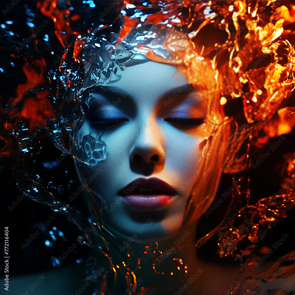 underwater portrait fire and water cracked porcelain mask water flames ...