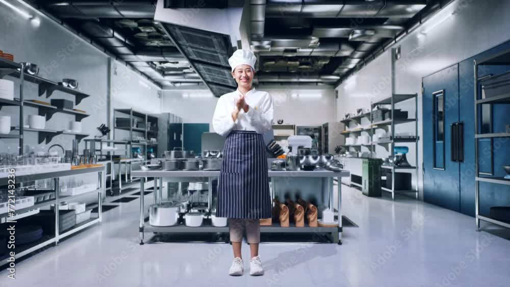 Full Body Of Asian Woman Chef Smiling And Clapping Her Hands In ...