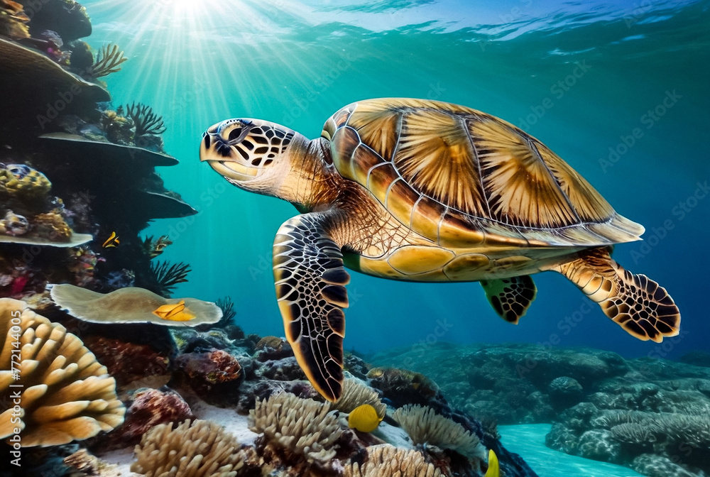 Green sea Turtle (Testudines) mammal swimming in tropical underwaters ...