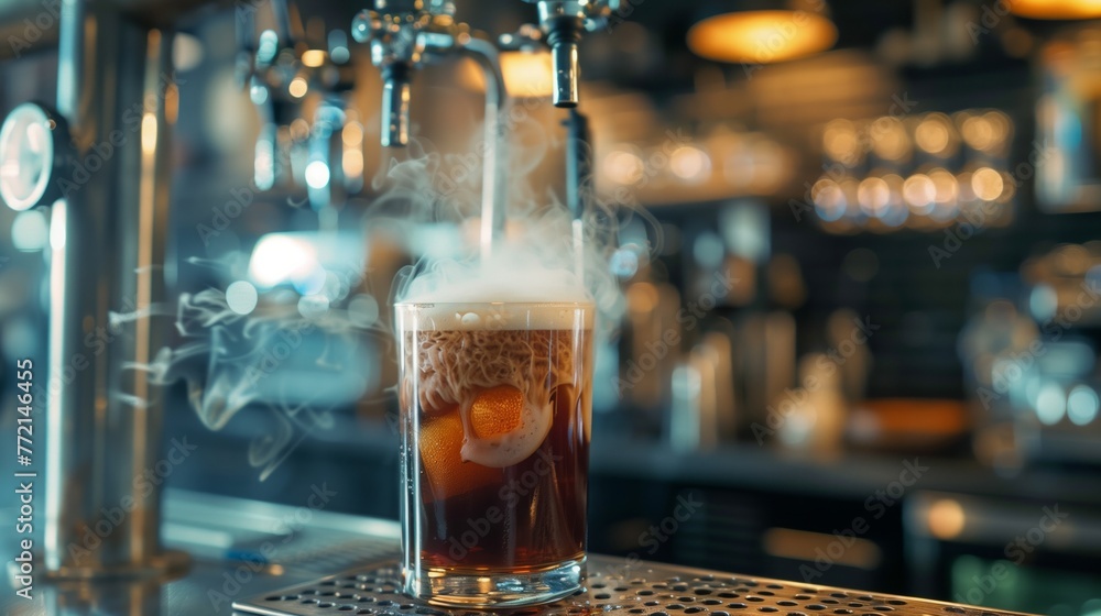 Nitro cold brew coffee is saturated with nitrogen at a nitrogen station ...