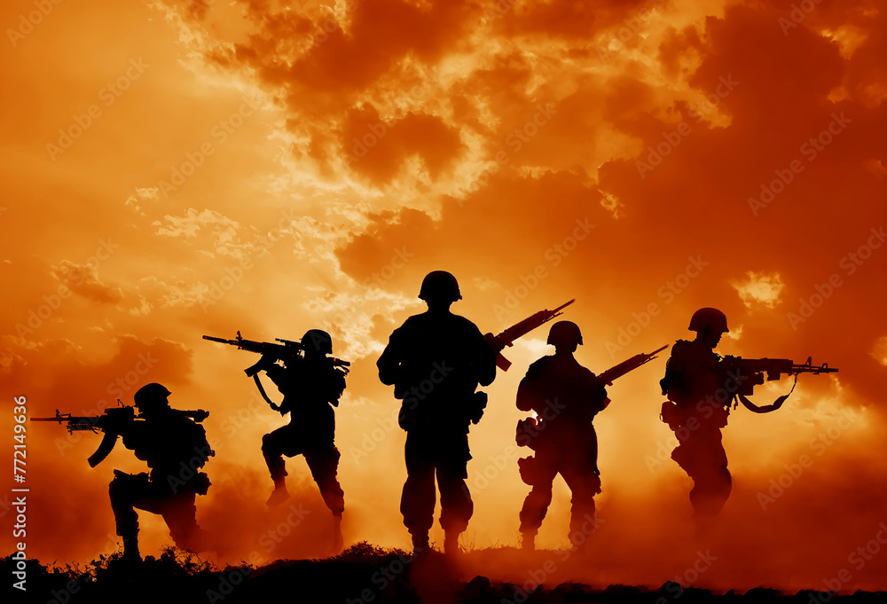 silhouettes of a group of American or Russian border guards, armed ...