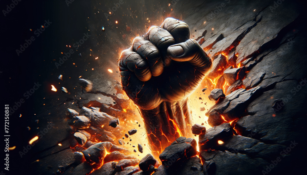 A fist is shown in a black background with a hole in it, surrounded by ...