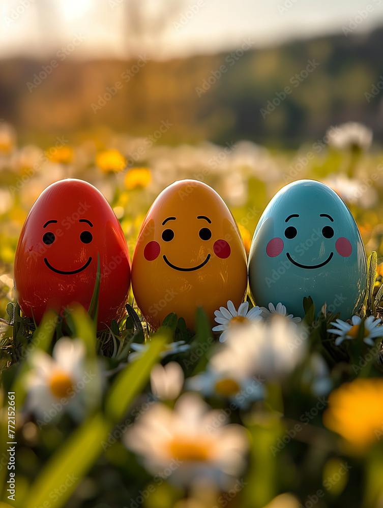 Bunte lustige Ostereier mit Gesicht lachen auf der Wiese als Cartoons ...