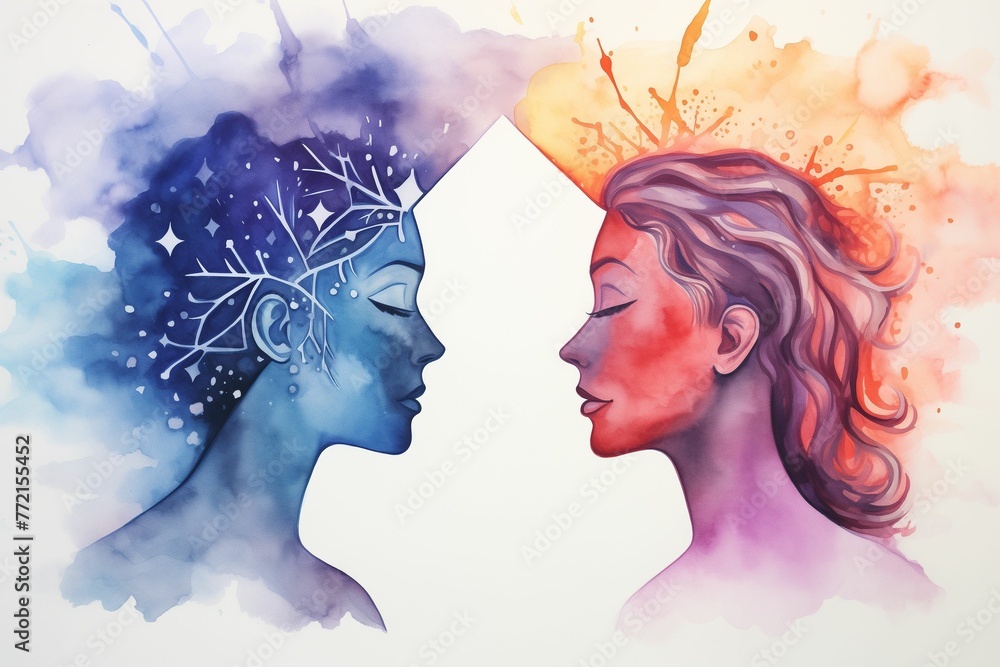 Artistic watercolor silhouette profiles, vivid contrasting emotions ...