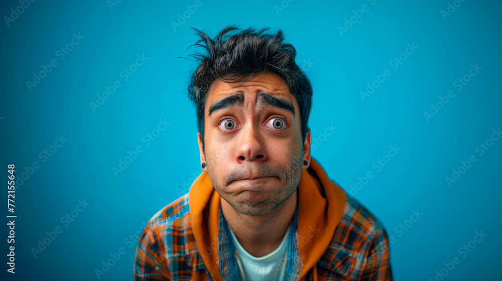 Funny young man with face expressions, with big eyes and skinny face ...