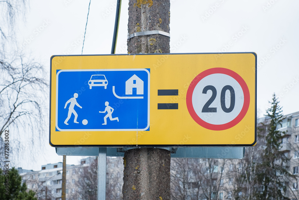Sign meaning Living street or recreation area. Road sign indicates the ...