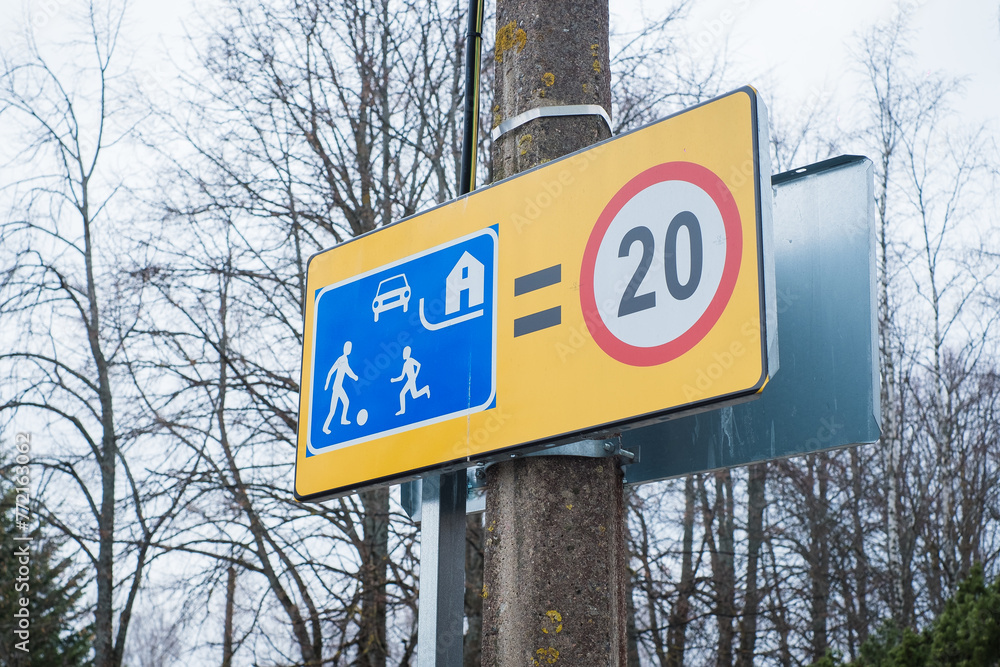 Sign meaning Living street or recreation area. Road sign indicates the ...