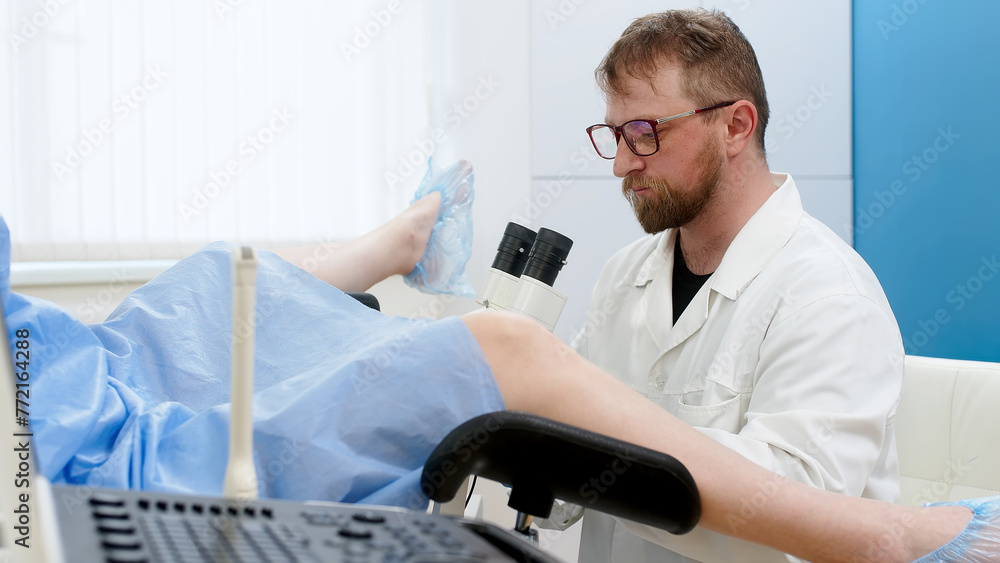 Gynecological office in the clinic. A gynecologist examines a young ...