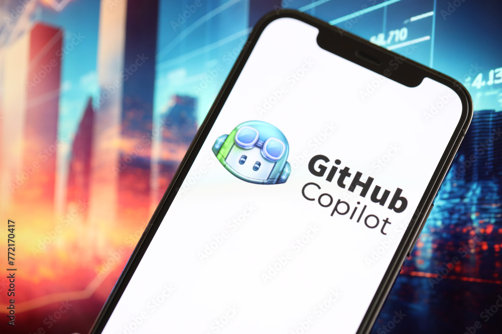 KYIV, UKRAINE - MARCH 17, 2024 Github copilot logo on iPhone display ...