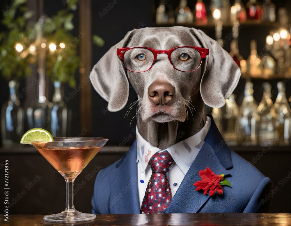 Weimaraner dog dressed as businessman in a bar with a drink Stock ...