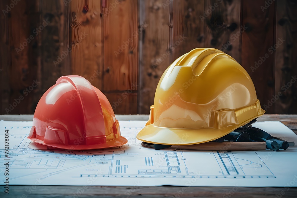 Engineers hat beside detailed drawings, preparation for construction ...