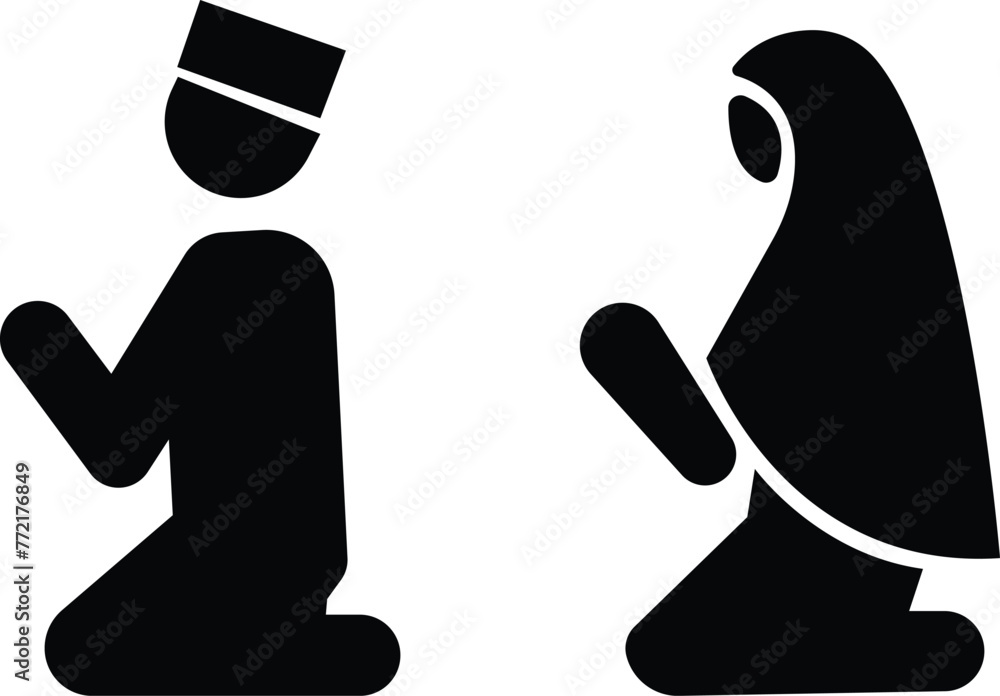 flat islamic prayer icon set design, muslim man and woman template ...