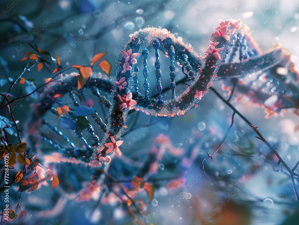 A DNA strand is shown in a blue and pink color scheme. The image has a ...