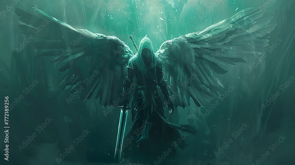 Dark warrior angel with medieval sword. fantasy background. digital ai ...