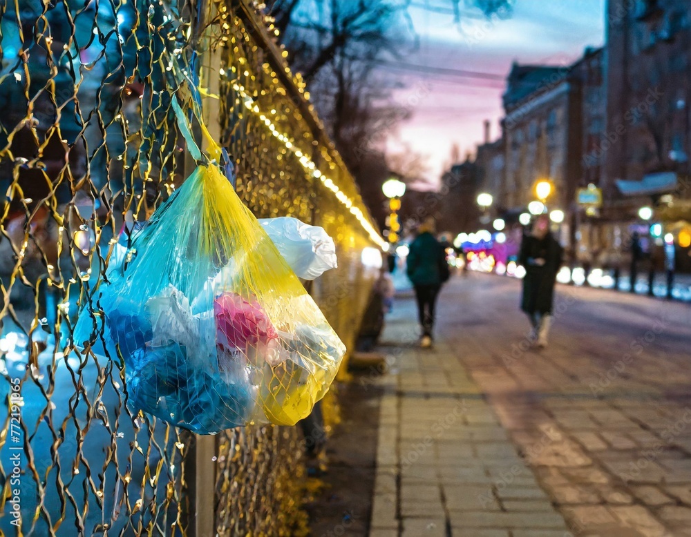 Plastic bags and wrappers entangled in a chain-link fence along a city ...