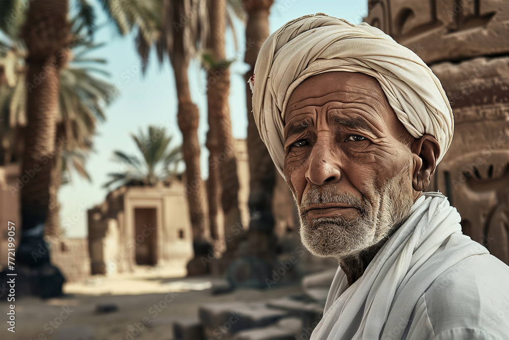 Ancient egyptian man portrait on ancient egyptian village background ...