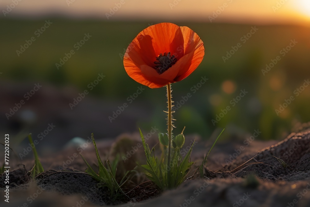 Beautiful nature background with red poppy flower poppy in the sunset ...