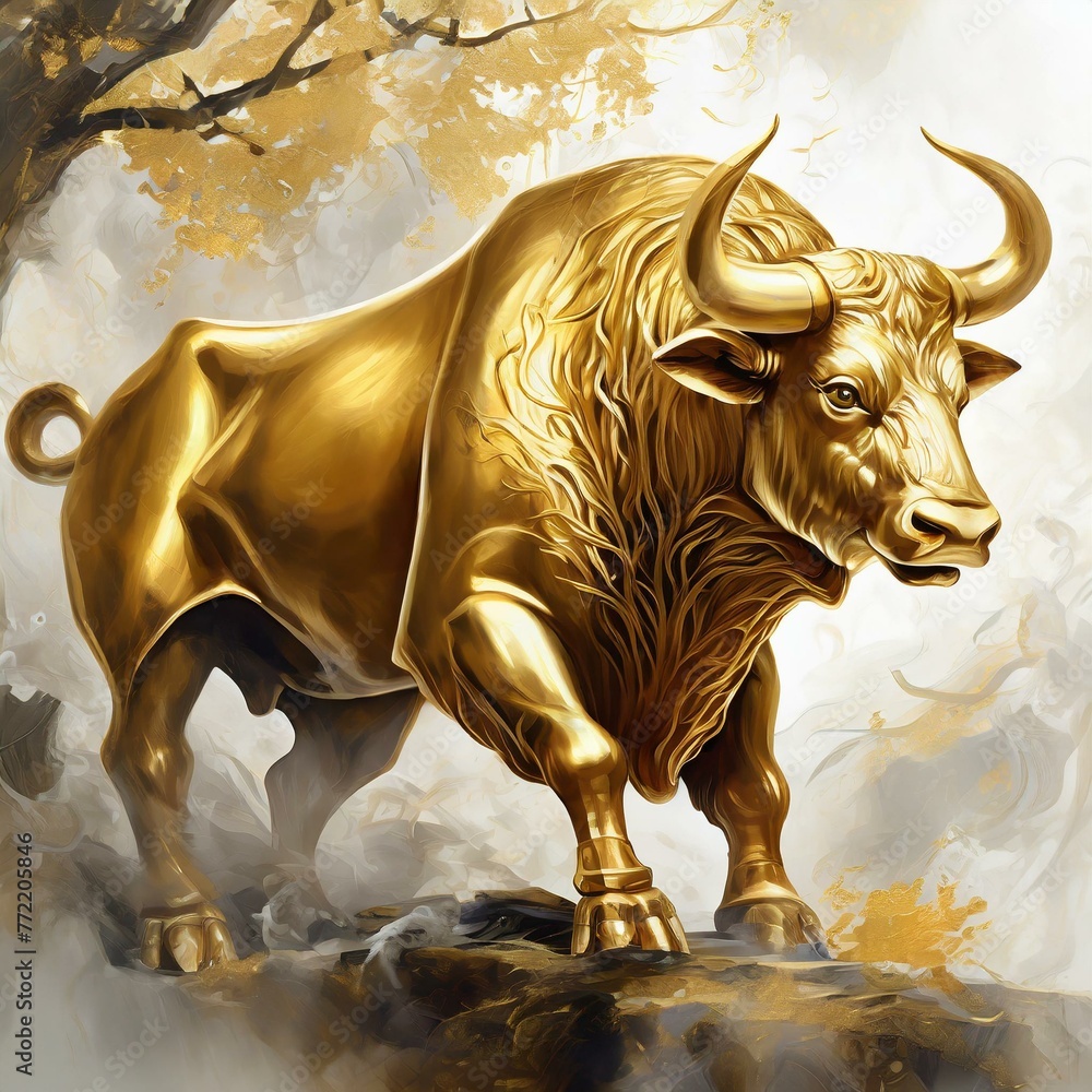golden bull on the sky.an elegant digital illustration featuring a majestic golden bull statue ...