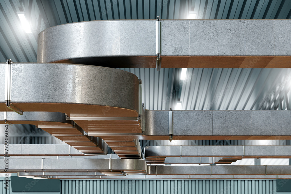 Ventilation pipes with ceiling water. Engineering systems under roof of ...