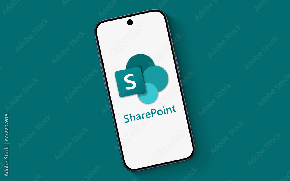 Microsoft Sharepoint logo is displayed on a modern smartphone ...