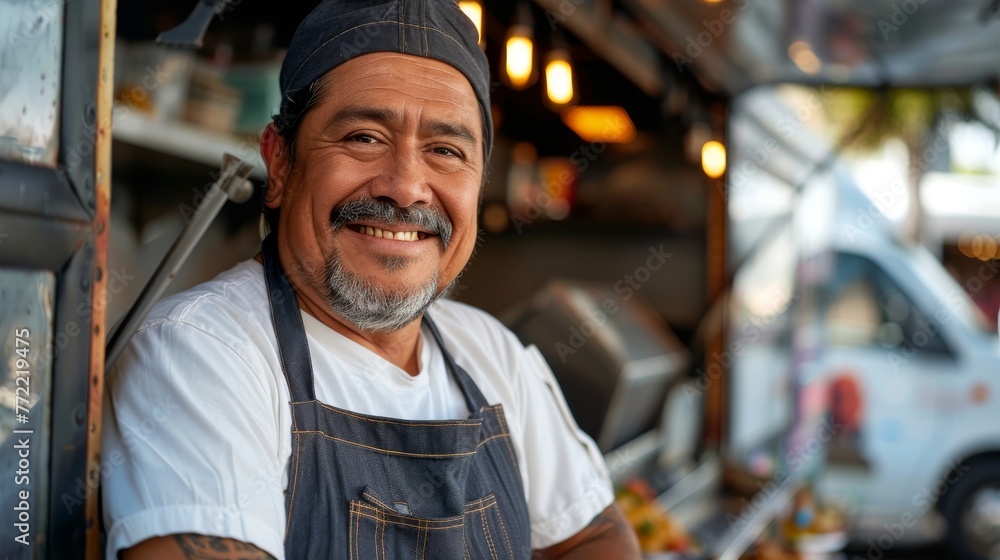 Portrait of happy plump middle aged Mexican Steet food chef man smiling ...