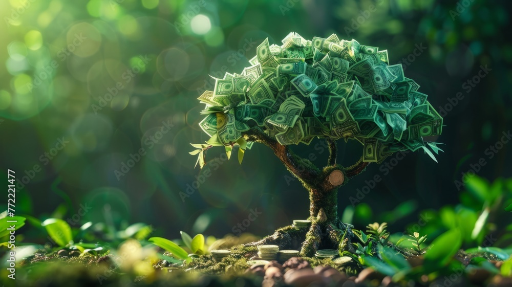 Money tree concept with dollar bills - A surreal conceptual image of a ...