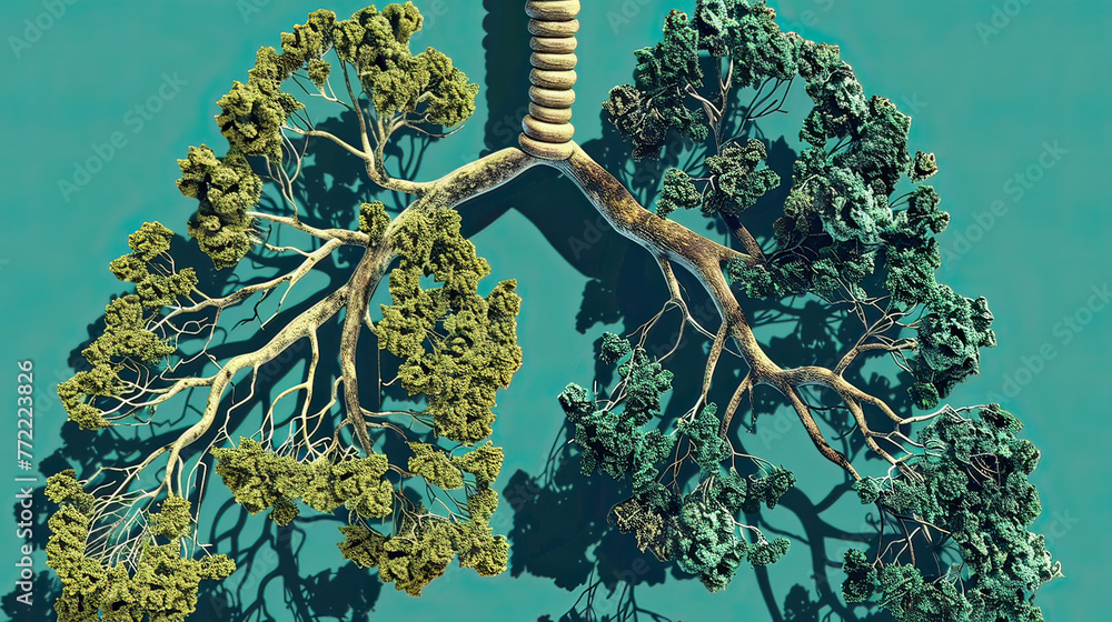 A detailed illustration of lungs transforming into trees, symbolizing ...