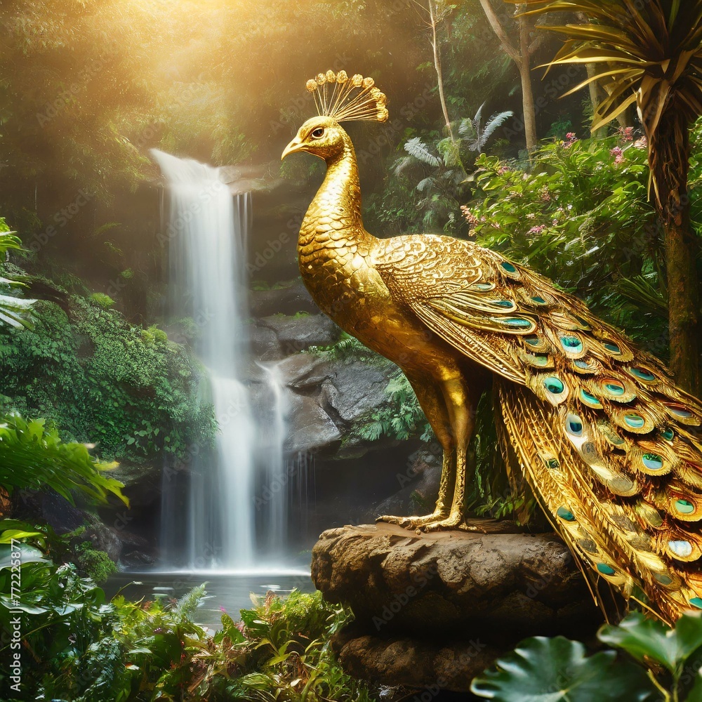 peacock in the garden.an enchanting scene depicting a golden peacock ...