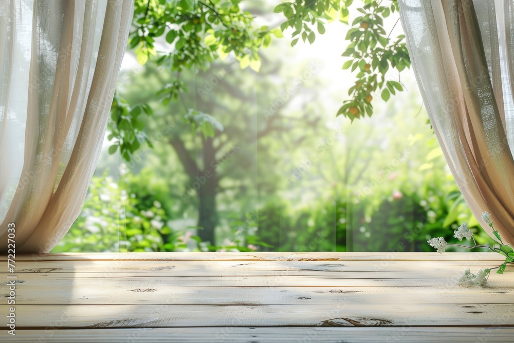 Empty of wood table top on blur of curtain with window view green from ...