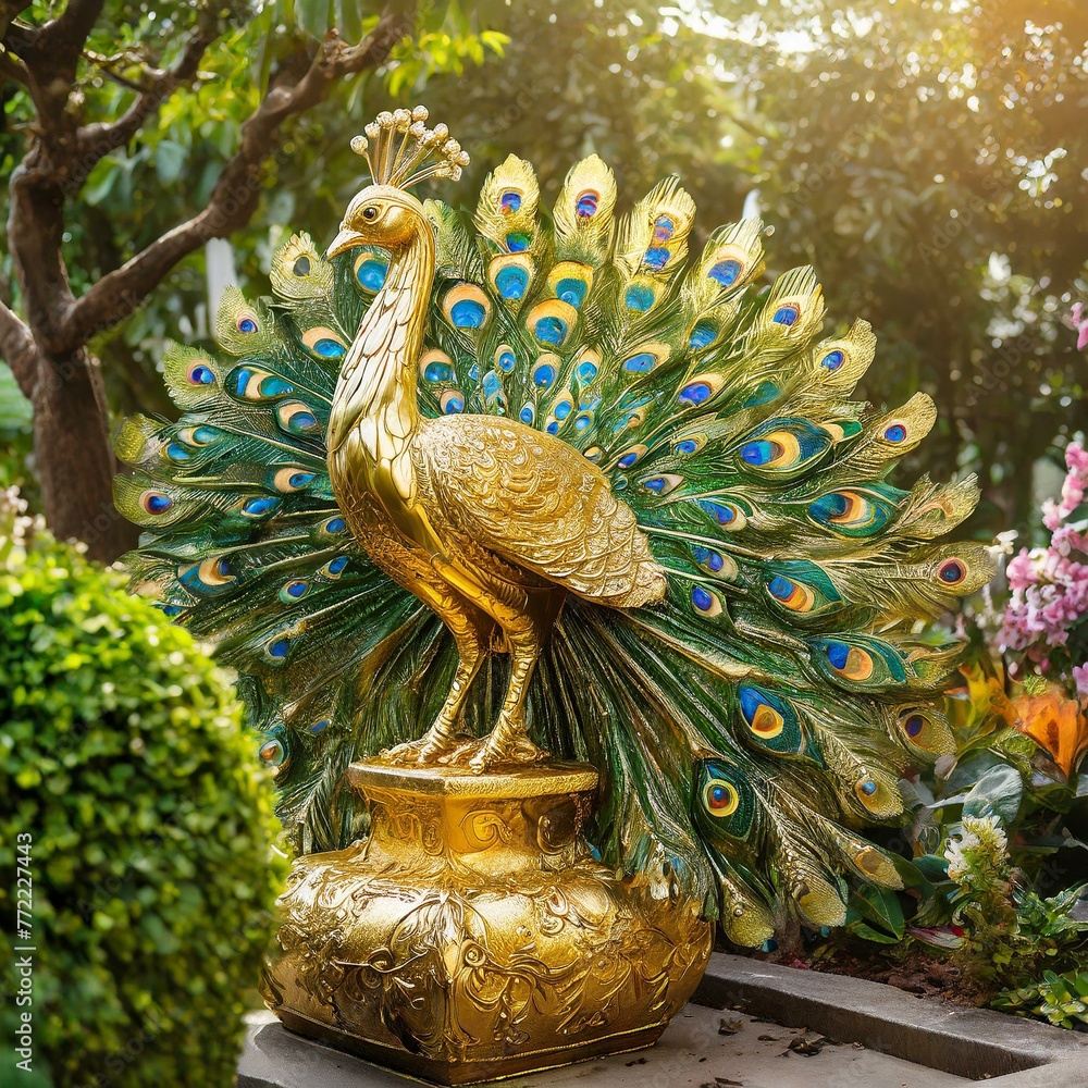 a symbolic artwork featuring a majestic peacock statue cast in ...