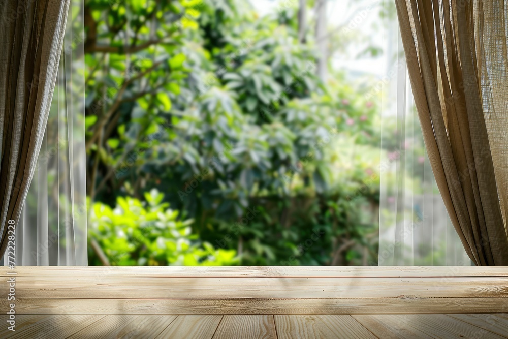 Empty of wood table top on blur of curtain with window view green from ...