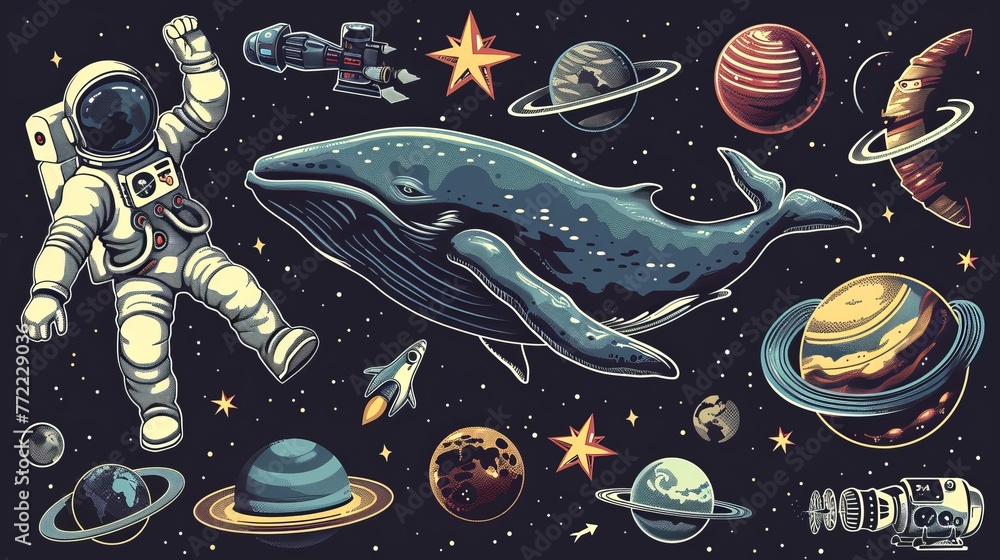 Pixelated astronaut and space objects inspired by 8-bit video games ...