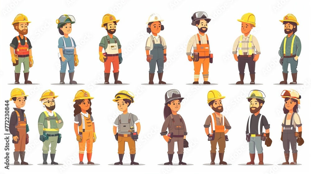 Set of cartoon people in different work uniforms. Includes builders ...