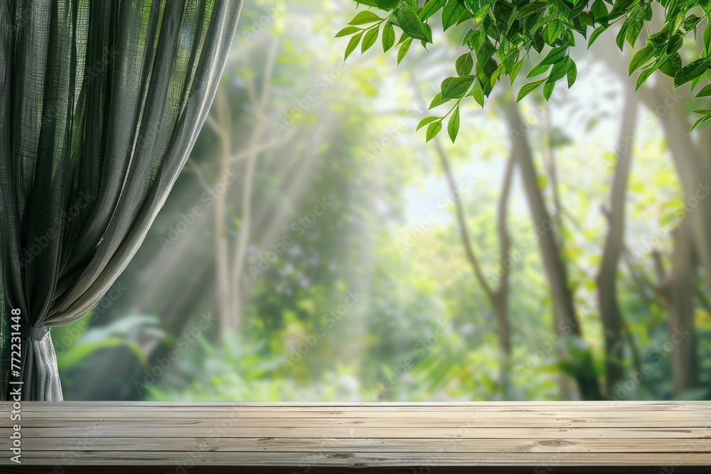 Empty of wood table top on blur of curtain with window view green from ...
