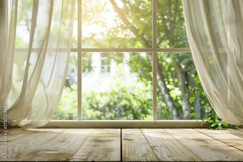 Empty of wood table top on blur of curtain with window view green from ...