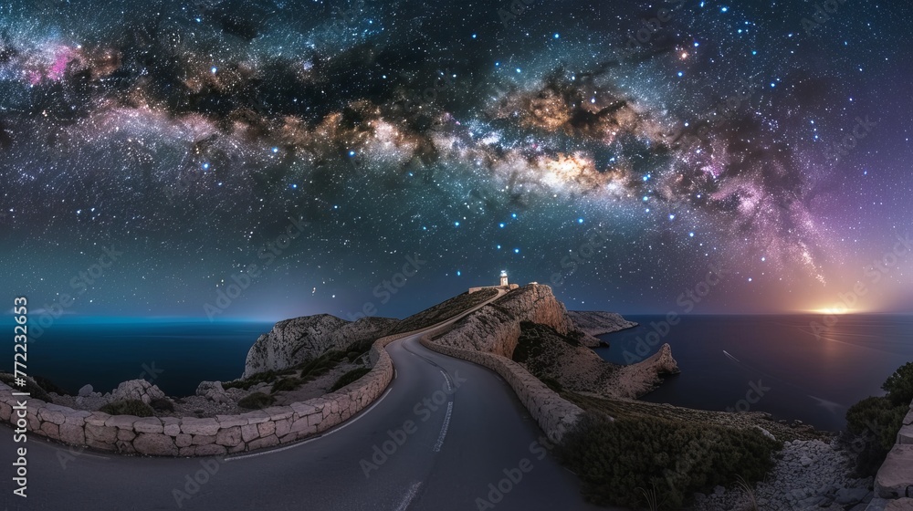The Milky Way rises over a light-filled road, casting a starry glow at ...