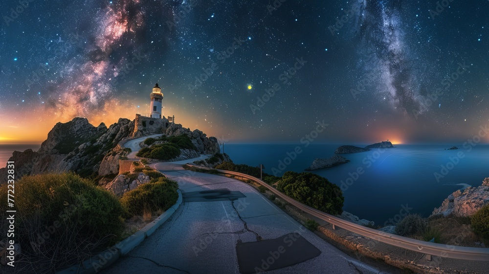 The Milky Way rises over a light-filled road, casting a starry glow at ...