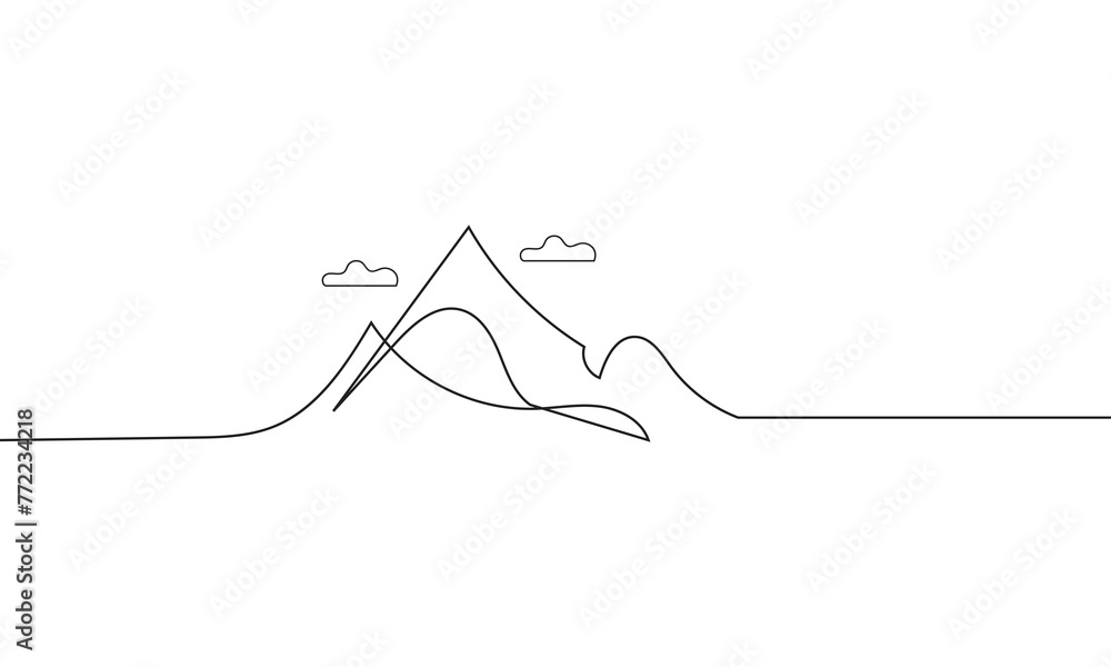 One continuous line drawing of mountain range landscape. Top view of ...