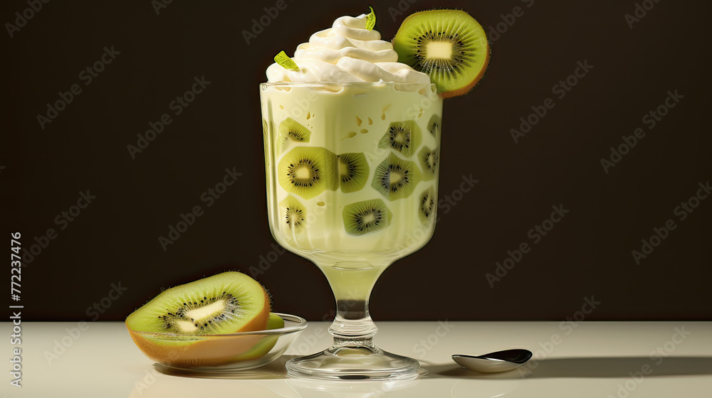 A delightful kiwi milkshake with kiwi slices, presented against a ...
